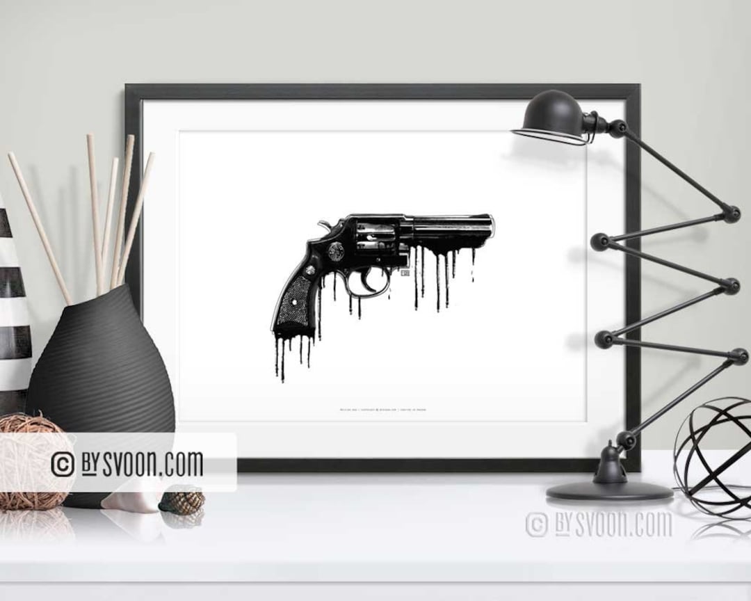 Melting Gun Print, Revolver Illustration, Weapon Drawing, Dripping ...