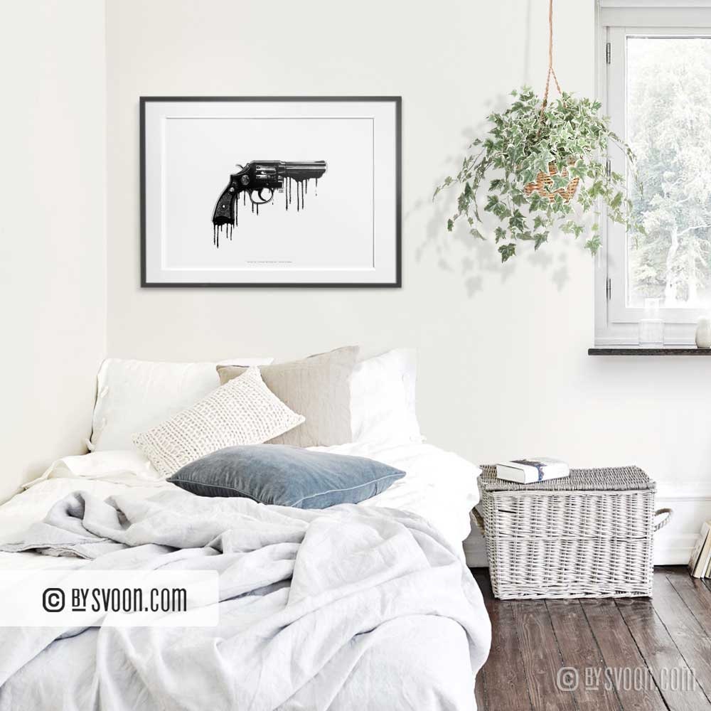 Melting Gun Print, Revolver Illustration, Weapon Drawing, Dripping ...