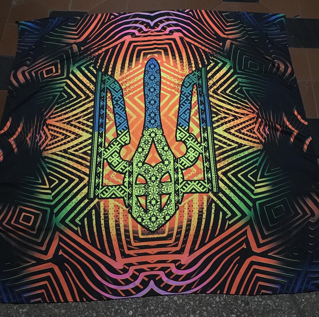 Ukrainian Trident Blacklight Fluorescent Tapestry, Patriotic UV Psy ...