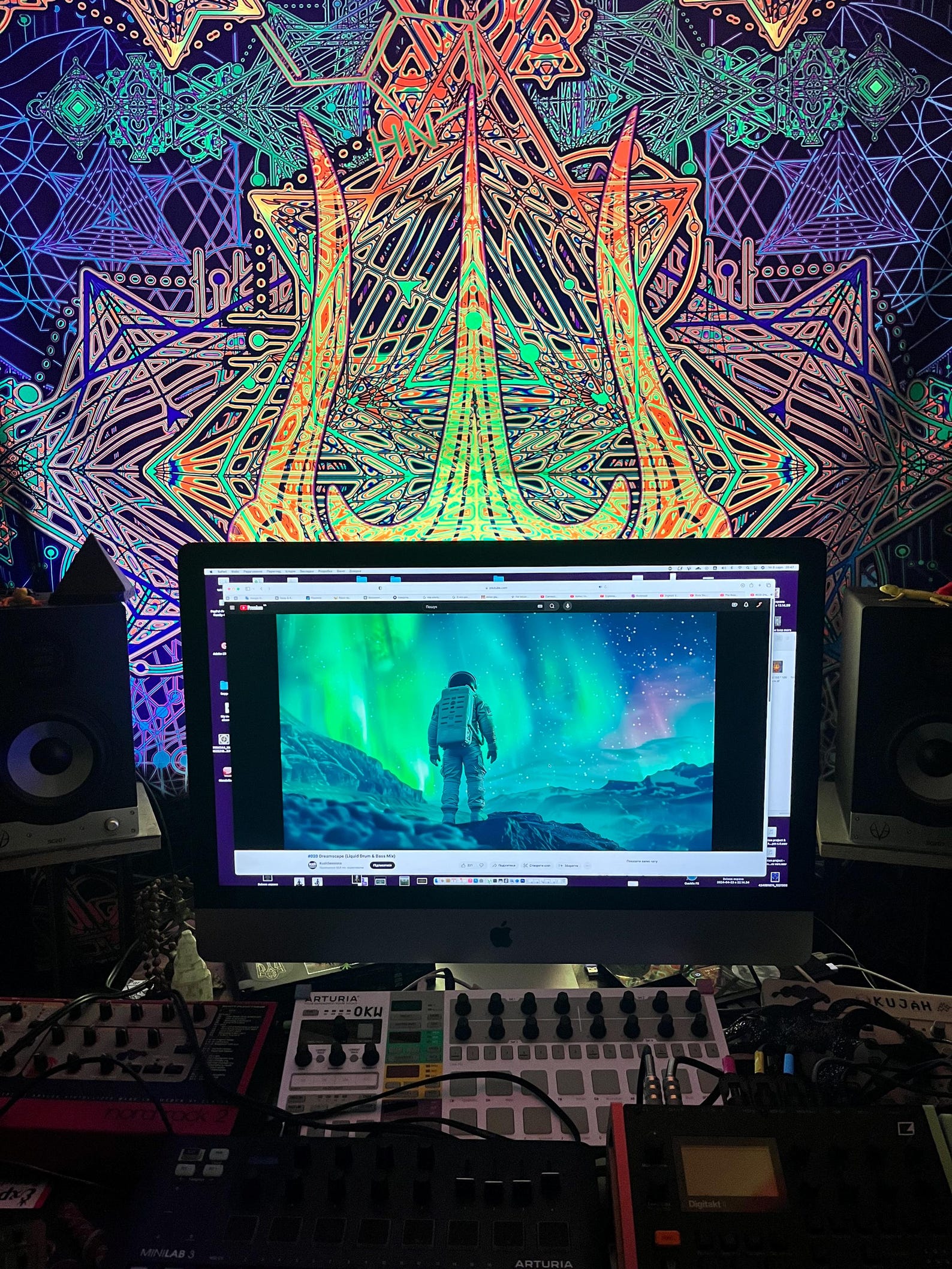 Trident Trishula Tapestry - UV Psychedelic Backdrop, Sacred Geometry ...