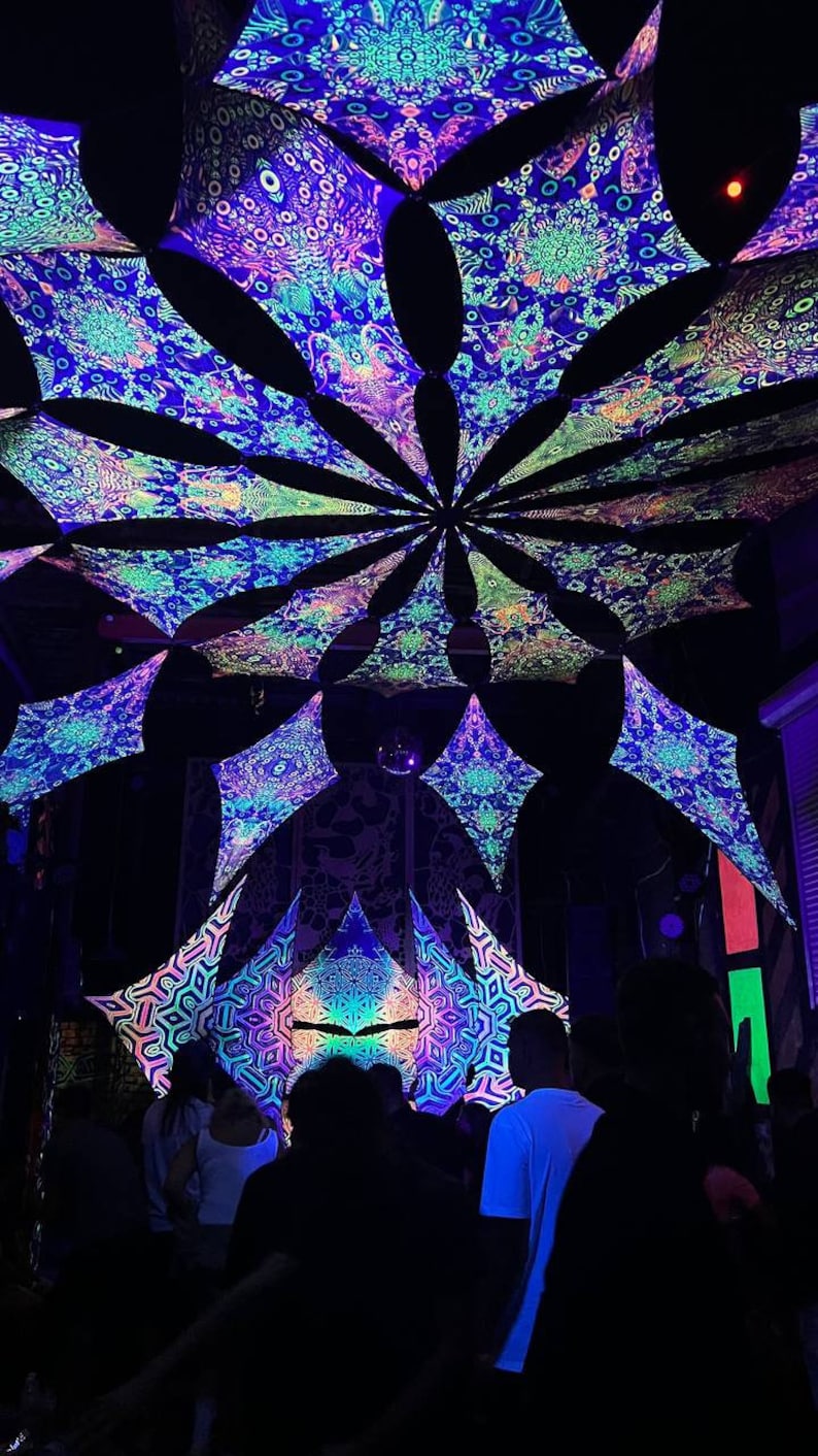 UV Festival Canopy DJ Stage Decor – Psychedelic Blacklight Lycra Setup ...