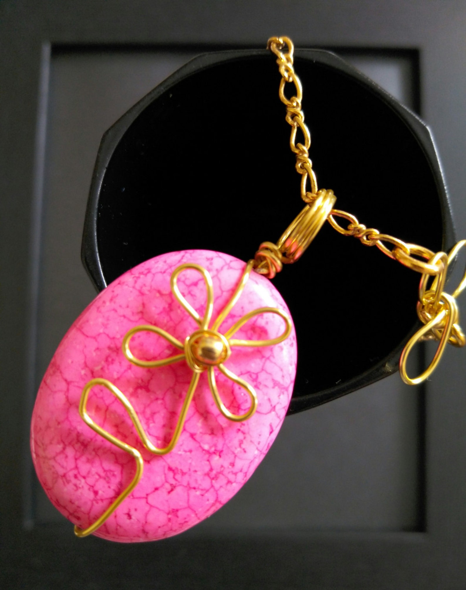 Gold Flower Necklace Pink Magnesite Pendant Flower Wirework - Etsy UK