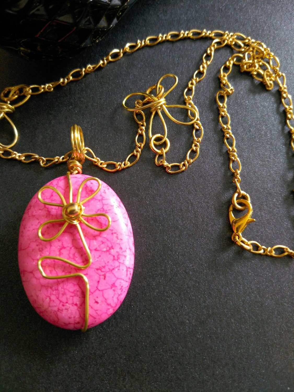 Gold Flower Necklace Pink Magnesite Pendant Flower Wirework - Etsy UK