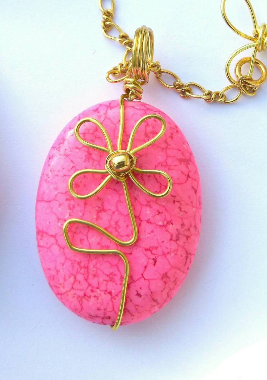 Gold Flower Necklace, Pink Magnesite Pendant, Flower Wirework, Pink ...