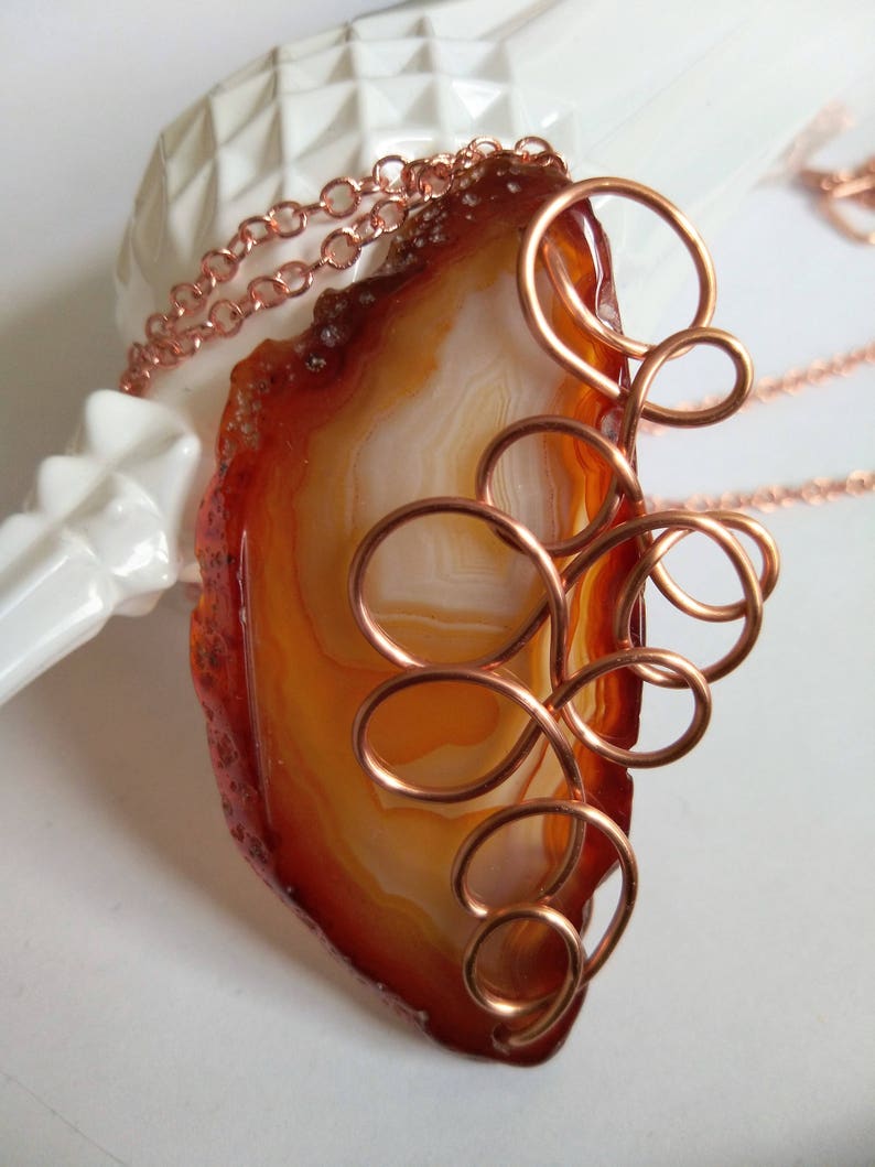 Red Agate Slice Pendant, Agate Slab, Bright Copper, Copper Gift, 7th ...