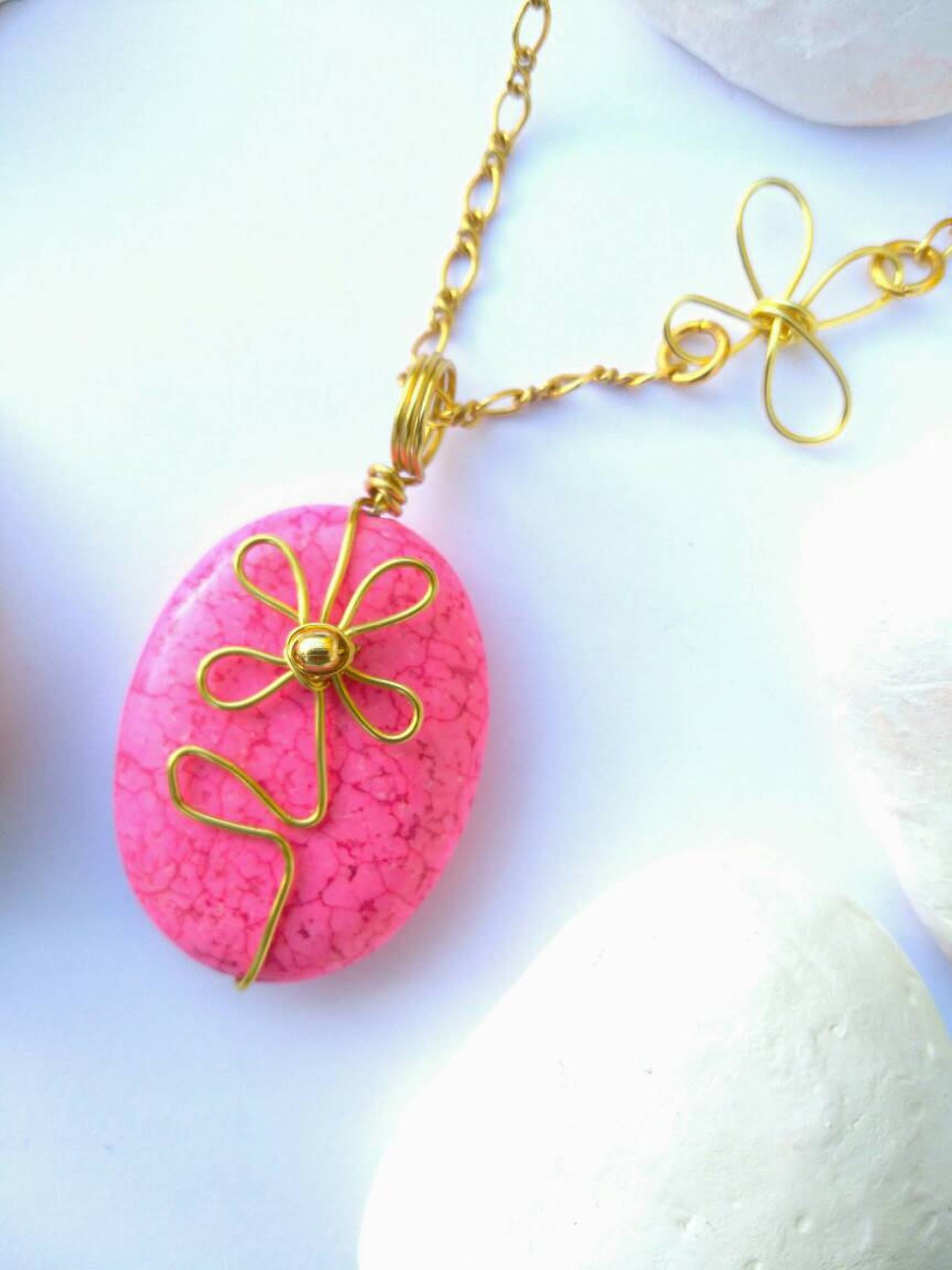 Gold Flower Necklace, Pink Magnesite Pendant, Flower Wirework, Pink ...