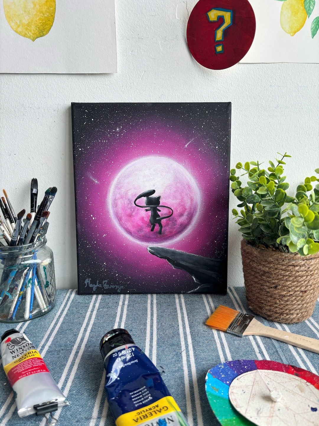 Mew Under the Moon , Acrylic Painting , Pokemon Painting, Mew Pokemon ...