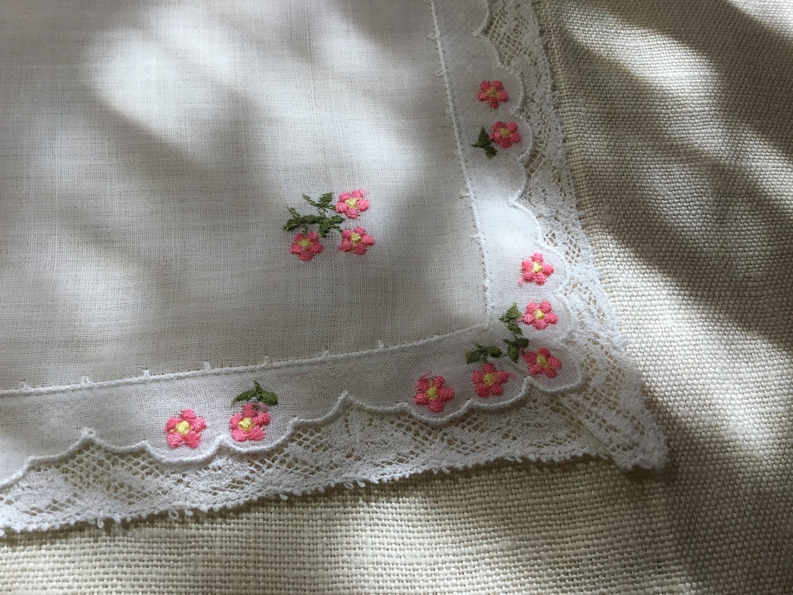 Vintage Handkerchief / Embroidered Pink Flowers and Lacy Hems | Etsy