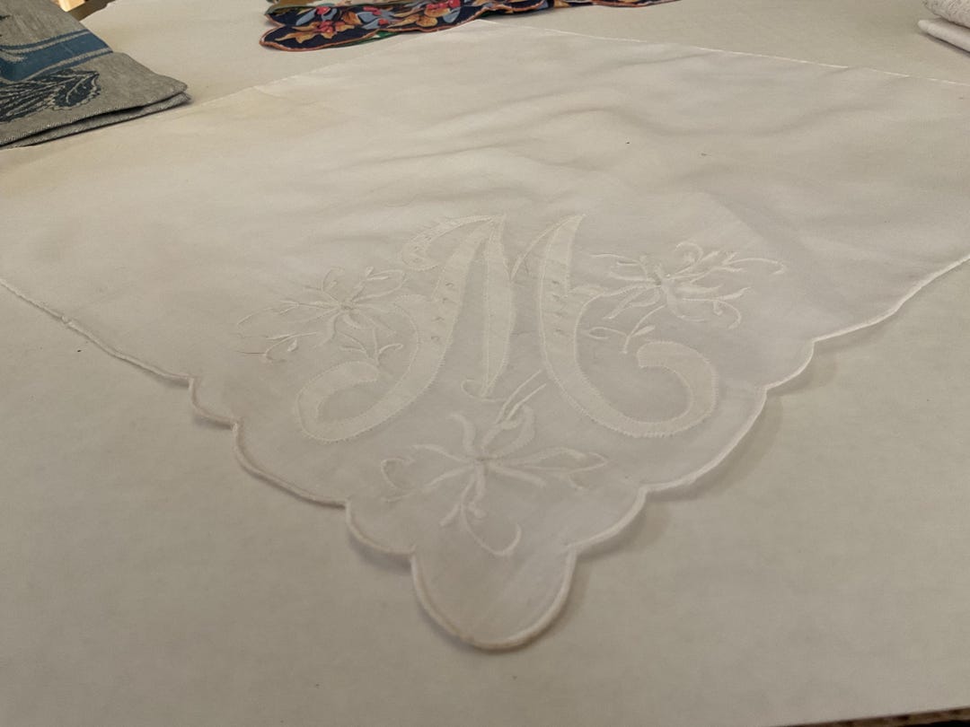 Vintage Handkerchief / Very Fancy Madeira Style Embroidery / Initial "m ...