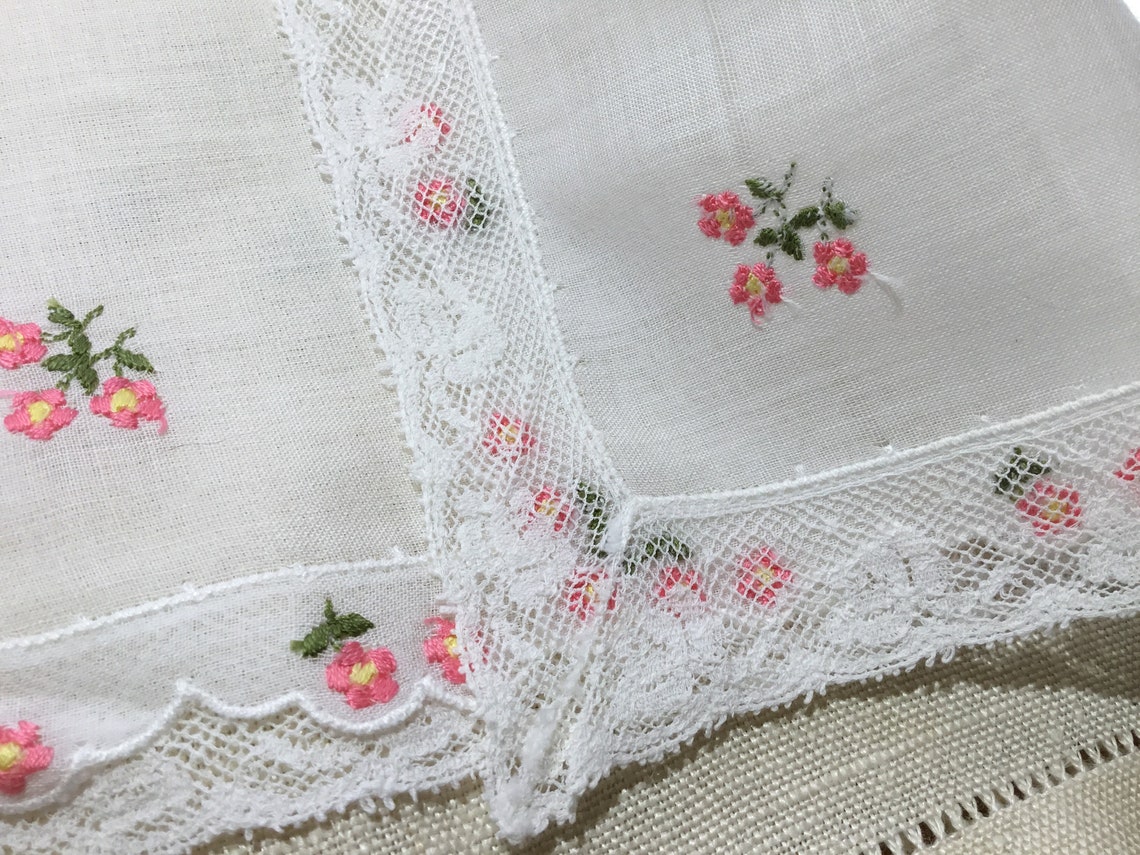 Vintage Handkerchief / Embroidered Pink Flowers and Lacy Hems | Etsy