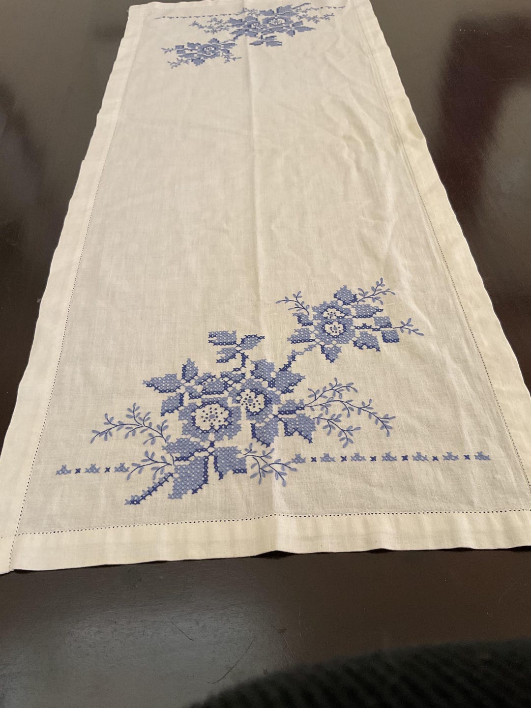 Vintage Table Runner or Dresser Scarf Embroidered Blue and White - Etsy