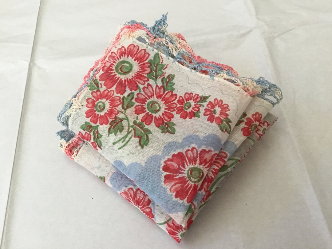 Vintage Handkerchief / Wide Crochet Border / Cheerful Red Flowers - Etsy