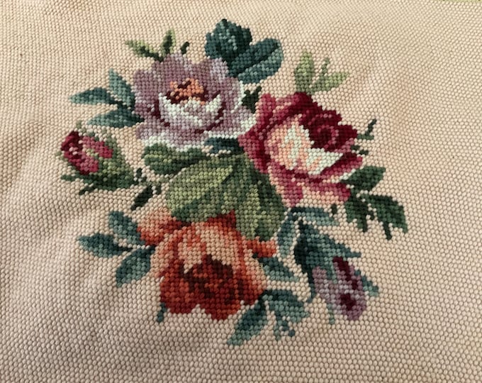 Needlepoint Floral Canvas / Vintage Completed Needlework / Roses on ...