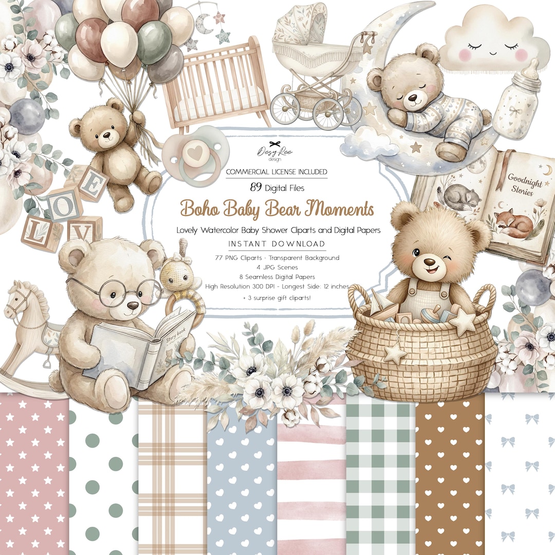 Boho Baby Bear Moments, Lovely Watercolor Baby Shower Clipart and ...