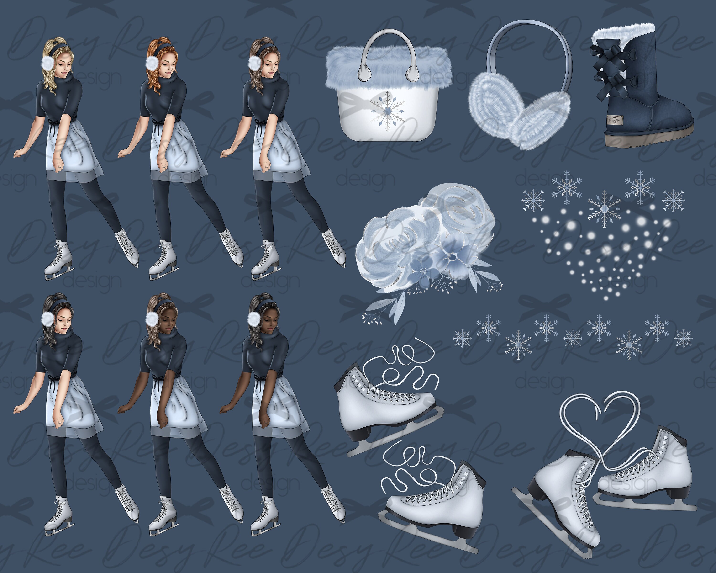 Ice Skating Girls Clipart Set - Watercolor Clip Arts - Snowy Winter ...