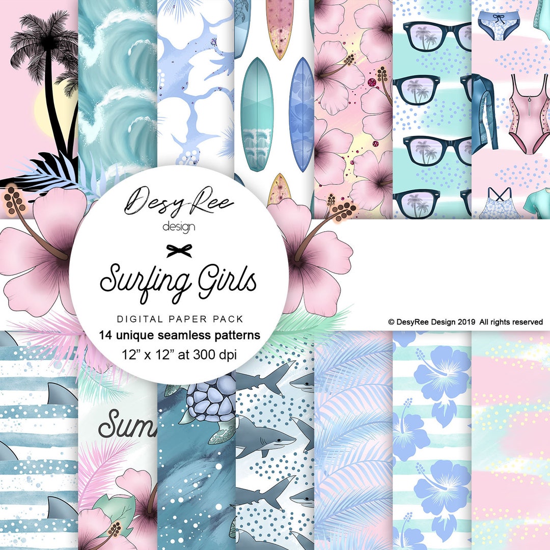 Surfing Girls Summer Californian Beach Life Digital Paper Scrapbook ...