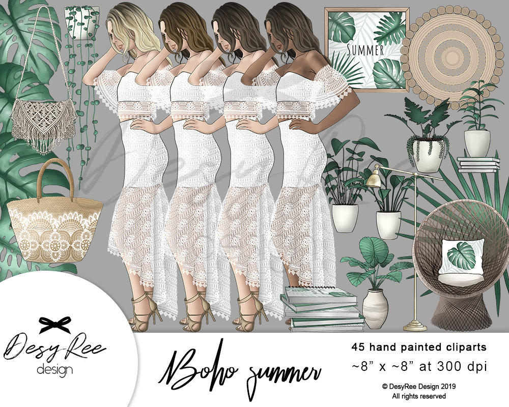 Boho Style Fashion Girl Illustration Watercolor Clipart | Etsy