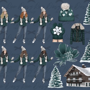 Ice Skating Girls Clipart Set - Watercolor Clip Arts - Snowy Winter ...
