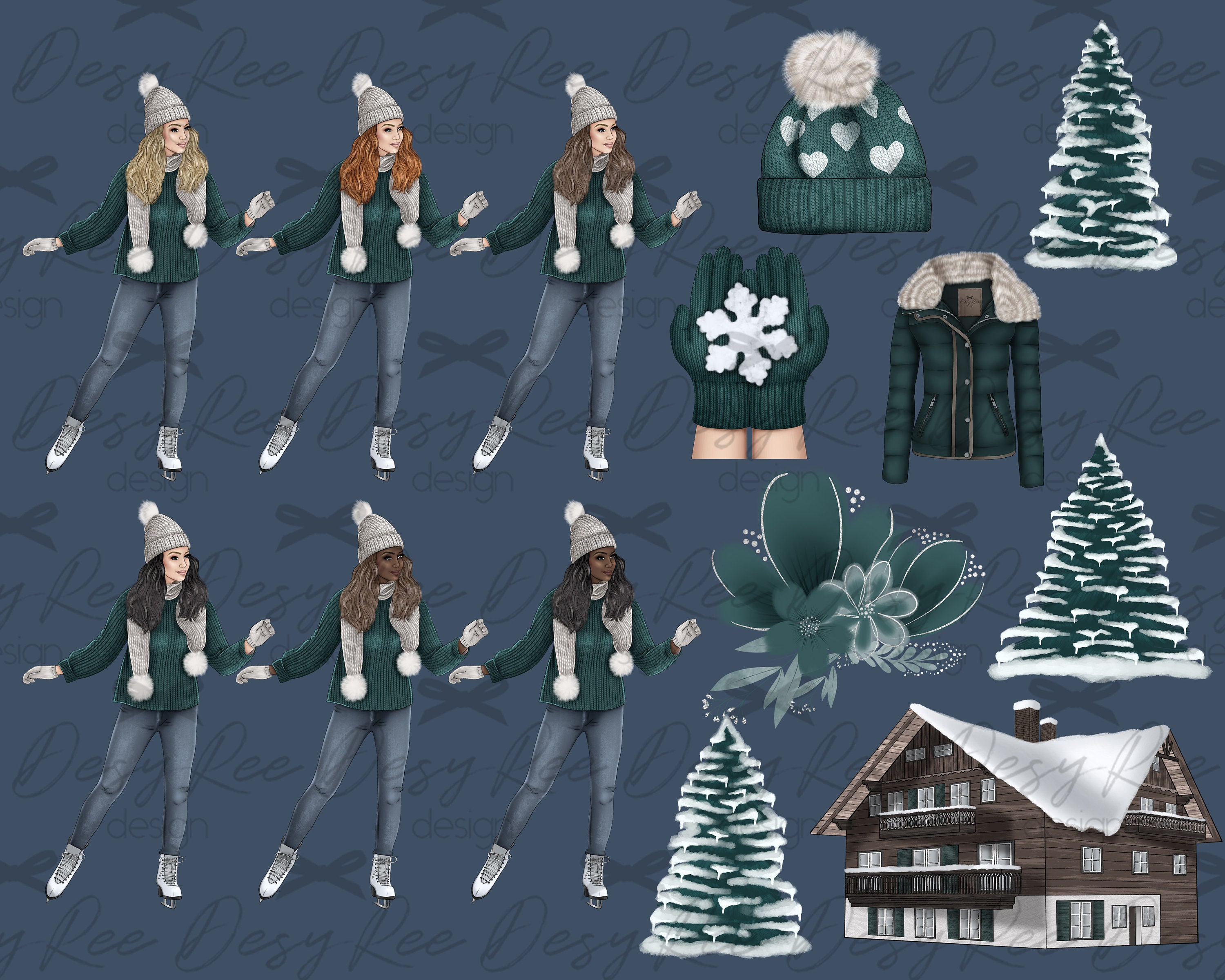 Ice Skating Girls Clipart Set - Watercolor Clip Arts - Snowy Winter ...