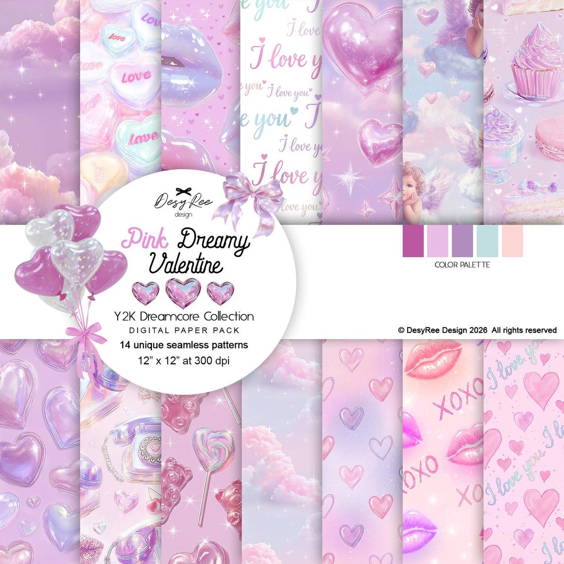 Pink Dreamy Valentine - Y2K Dreamcore Digital Papers Collection ...