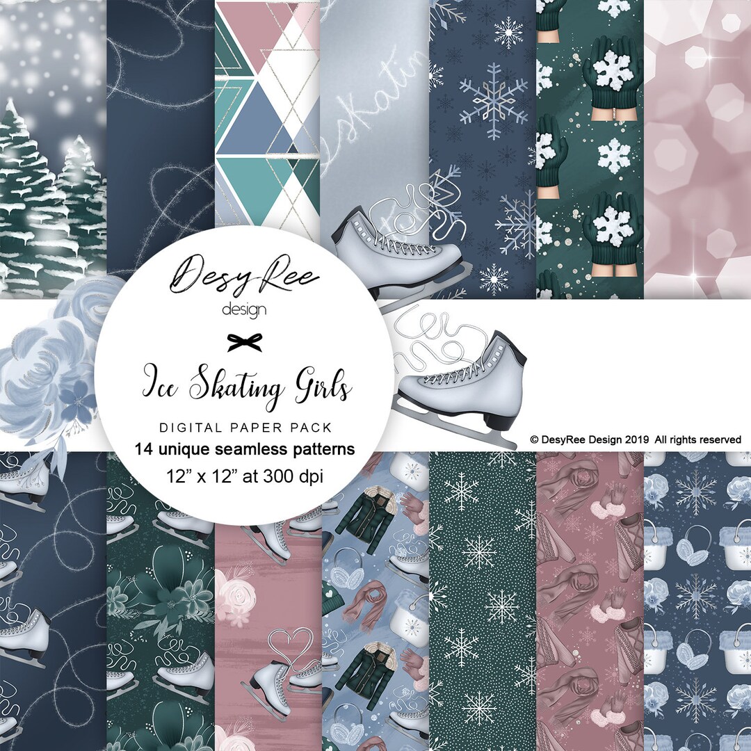 Winter Ice Skating Girls Digital Paper Snowflakes Planner Stationery ...