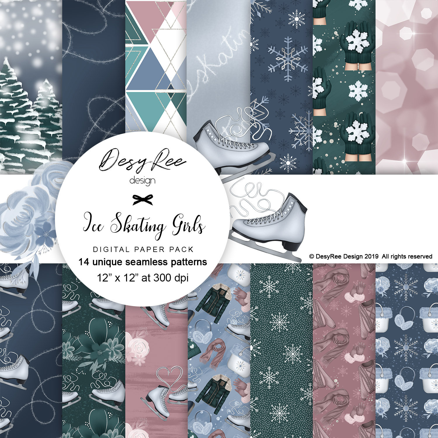 Winter Ice Skating Girls Digital Paper Snowflakes Planner Stationery ...