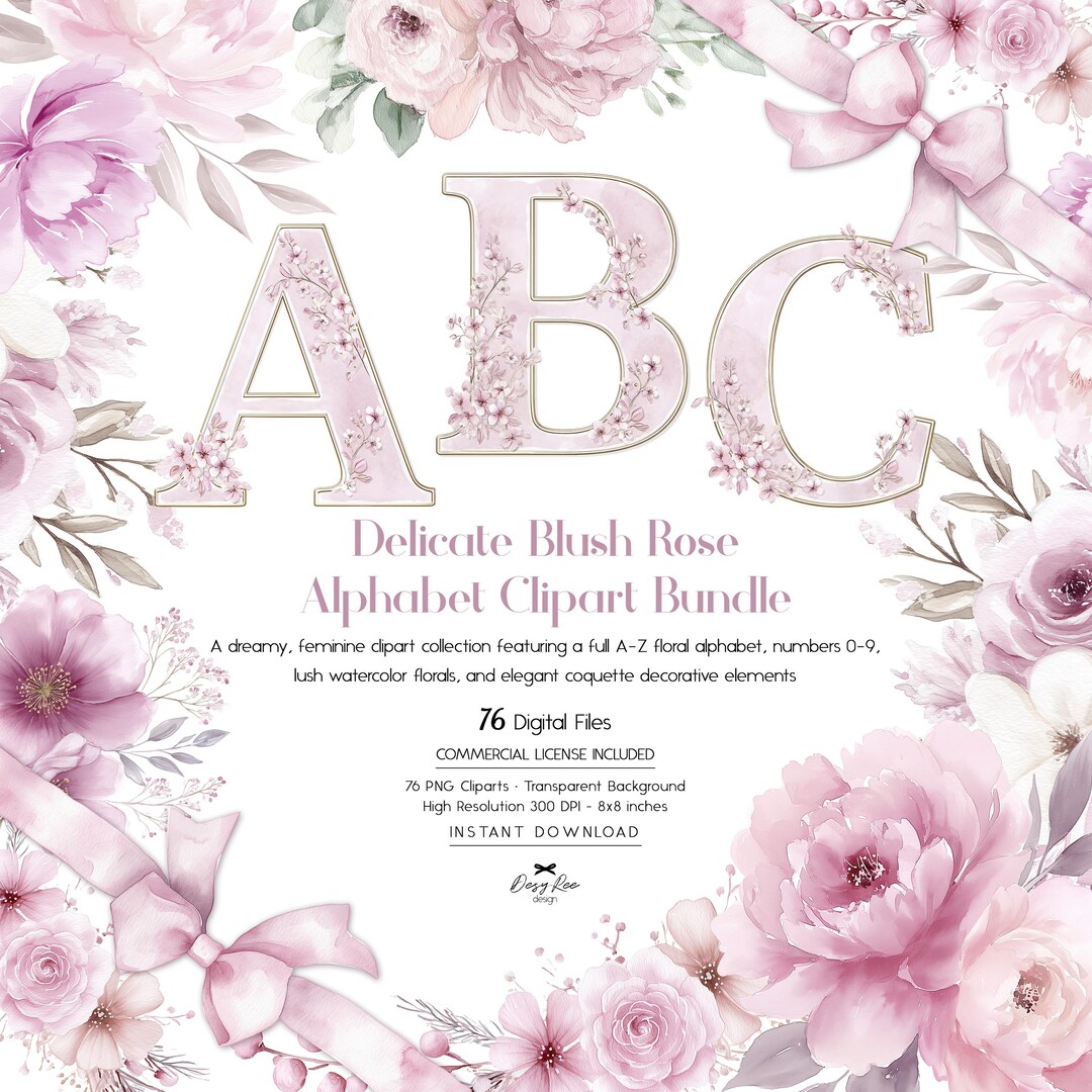 Pink Watercolor Alphabet Clipart Bundle, Coquette Floral Letters ...