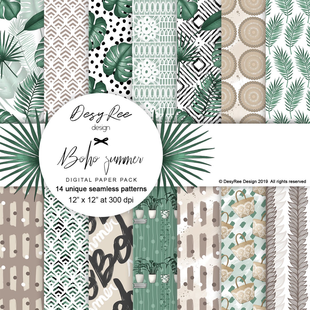 Boho Style Fashion Girl Tropical Leaves Digital Paper Bohemian Summer ...
