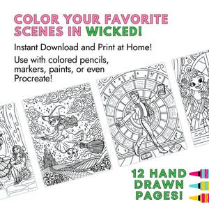 Wicked Coloring Pages and PDF, Hand Drawn for Printing, Elphaba, Glinda ...