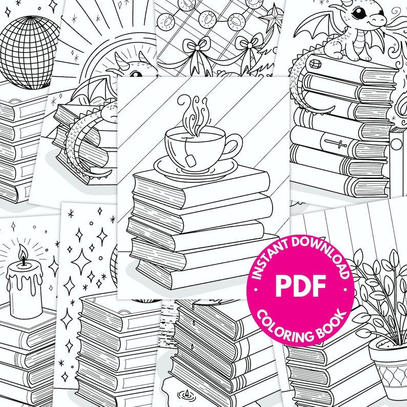 Bookstack Coloring Pages and PDF, 10 Hand Drawn Pages for Printing, Bookish Coloring Pages ...