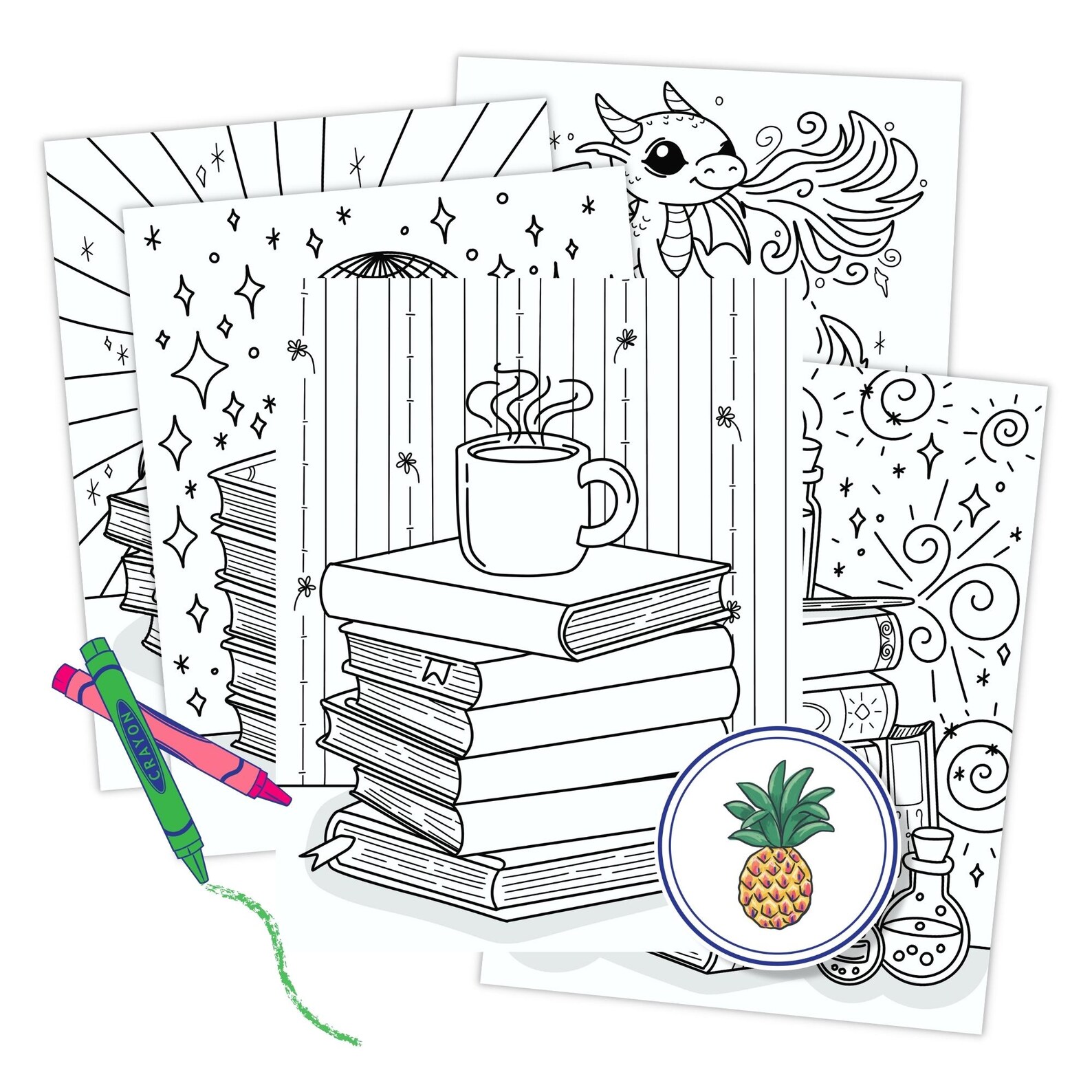Bookstack Coloring Pages: 10 Hand-drawn Bookish Designs (PDF) - Etsy