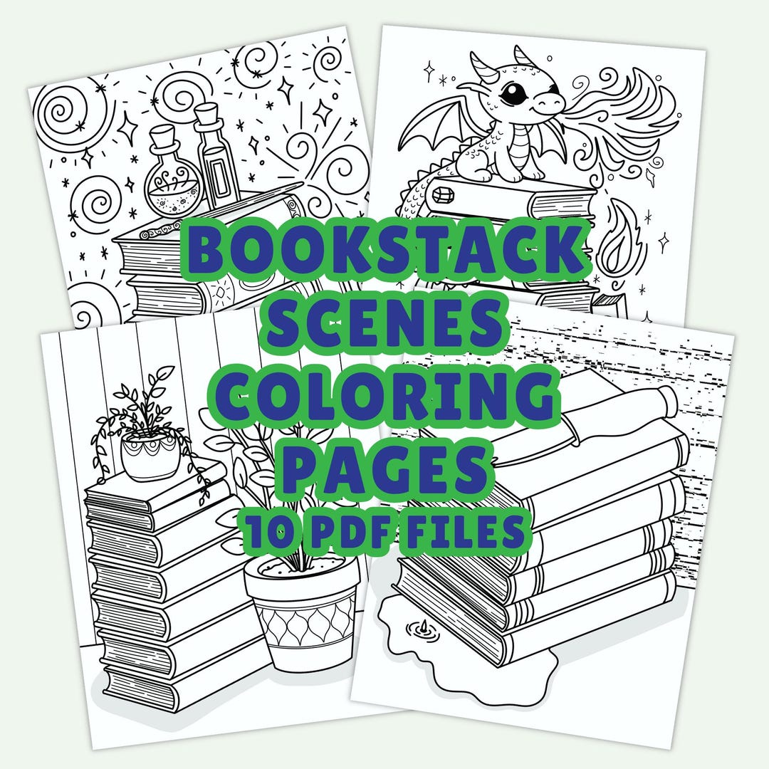 Bookstack Coloring Pages and PDF, 10 Hand Drawn Pages for Printing, Bookish Coloring Pages ...