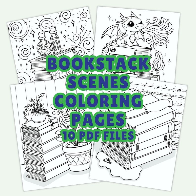 Bookstack Coloring Pages and PDF, 10 Hand Drawn Pages for Printing ...