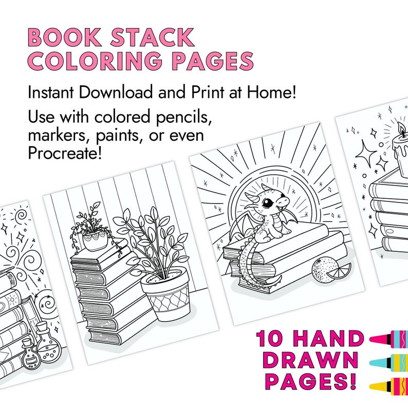 Bookstack Coloring Pages and PDF, 10 Hand Drawn Pages for Printing ...
