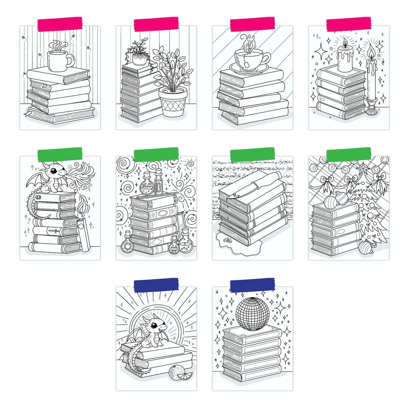 Bookstack Coloring Pages and PDF, 10 Hand Drawn Pages for Printing, Bookish Coloring Pages ...