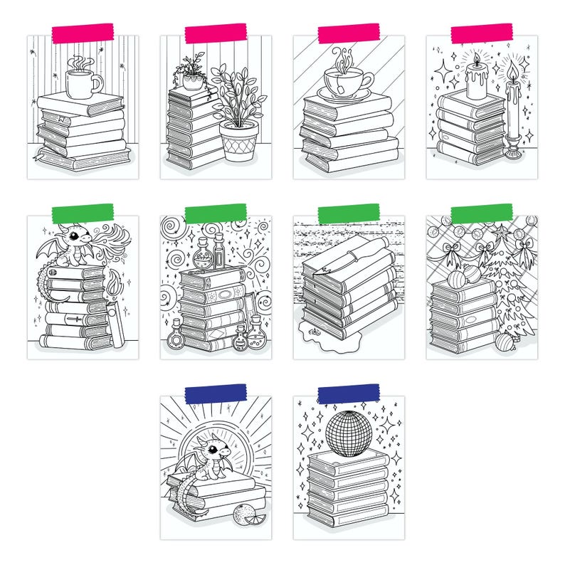 Bookstack Coloring Pages: 10 Hand-drawn Bookish Designs (PDF) - Etsy