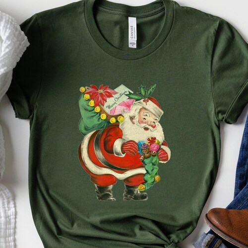 Retro Vintage Santa Merry Christmas Cream Tshirt Womens - Etsy