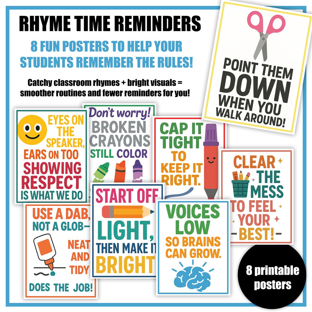 Rhyming Classroom Reminder Posters | Class Supply Art for Elementary ...