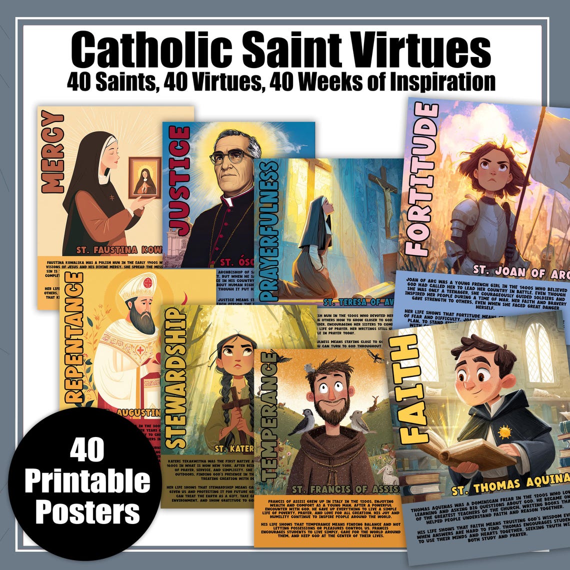 Catholic Saints & Virtues Poster Set | 40 Saint of the Week Printable ...