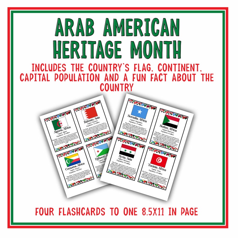 Arab American Heritage Month Flashcards | Printable Arab Country Flash ...