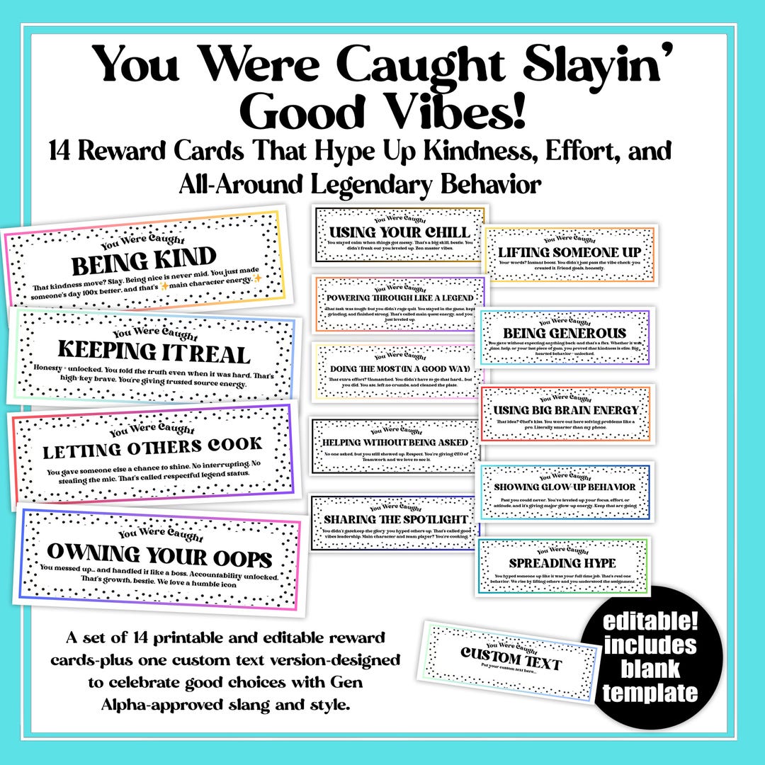 Editable You Were Caught Reward Cards, Gen Alpha Student Kindness ...