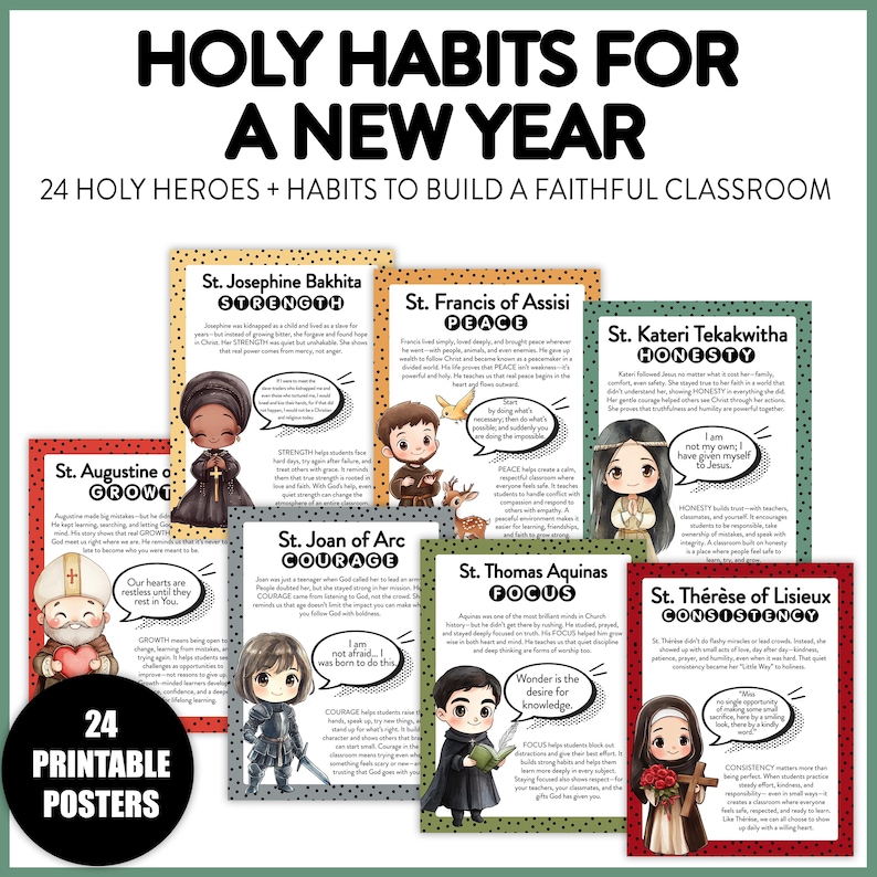 Catholic Saints Virtue Posters | Back to School Religion Class Bulletin ...