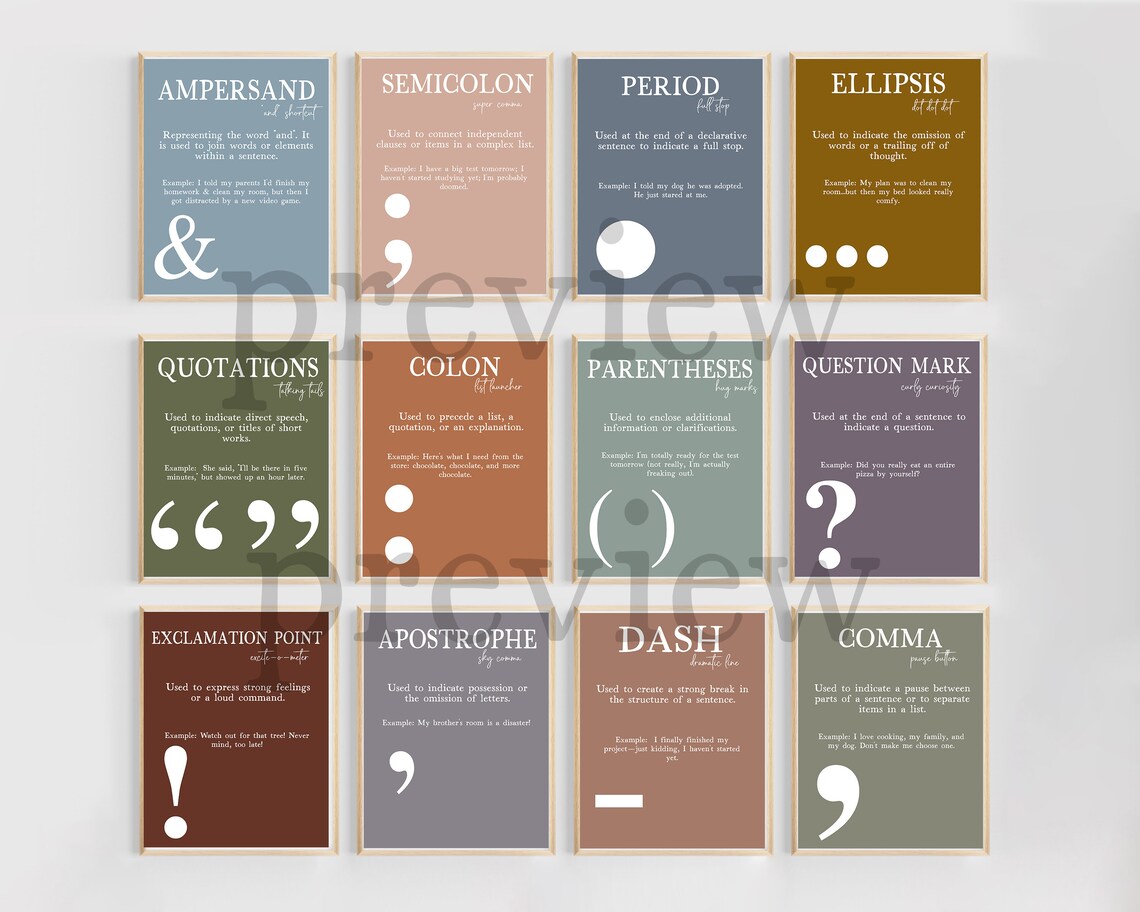 English Posters | Punctuation ELA Bulletin Board | Set of 12 Digital ...