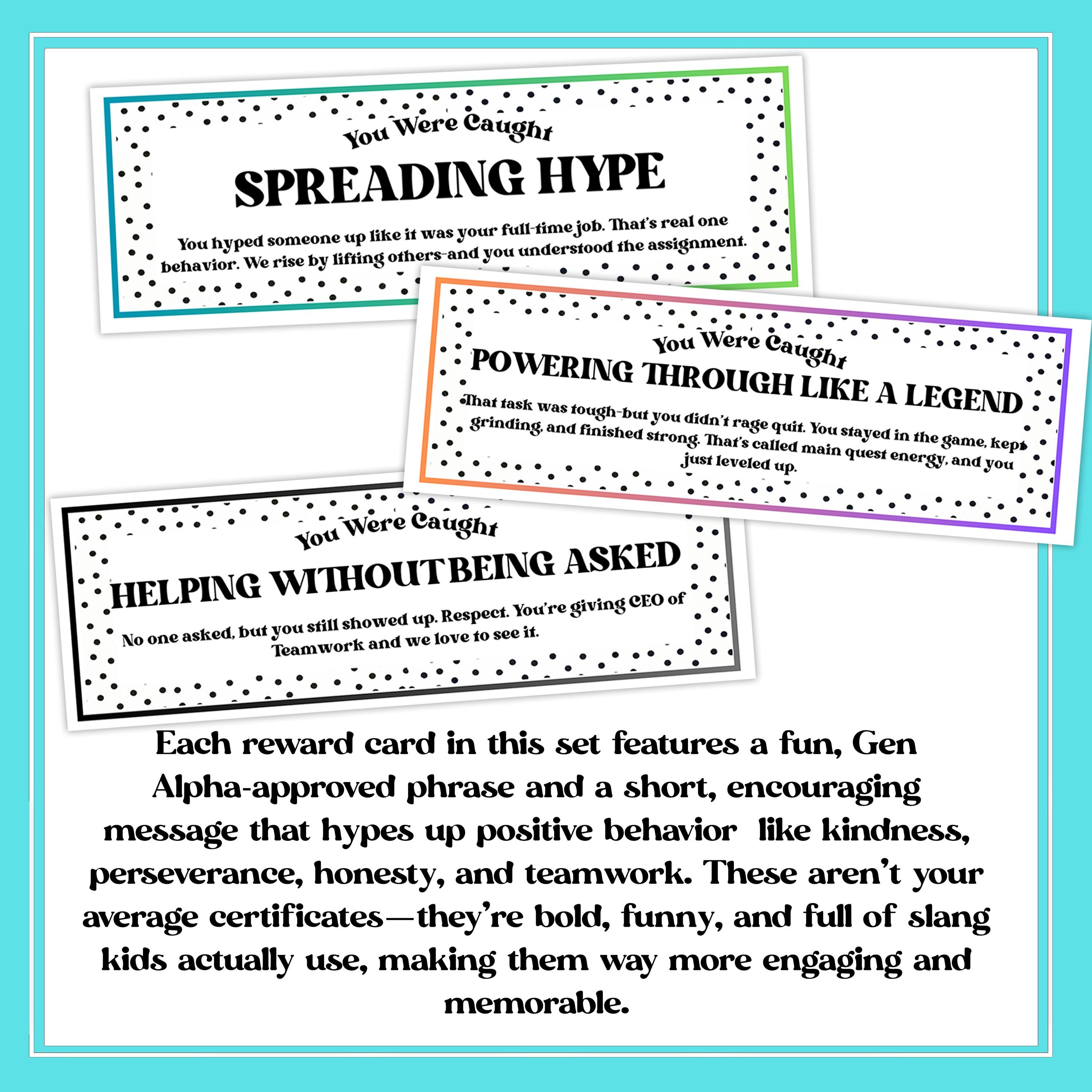 Editable You Were Caught Reward Cards, Gen Alpha Student Kindness ...