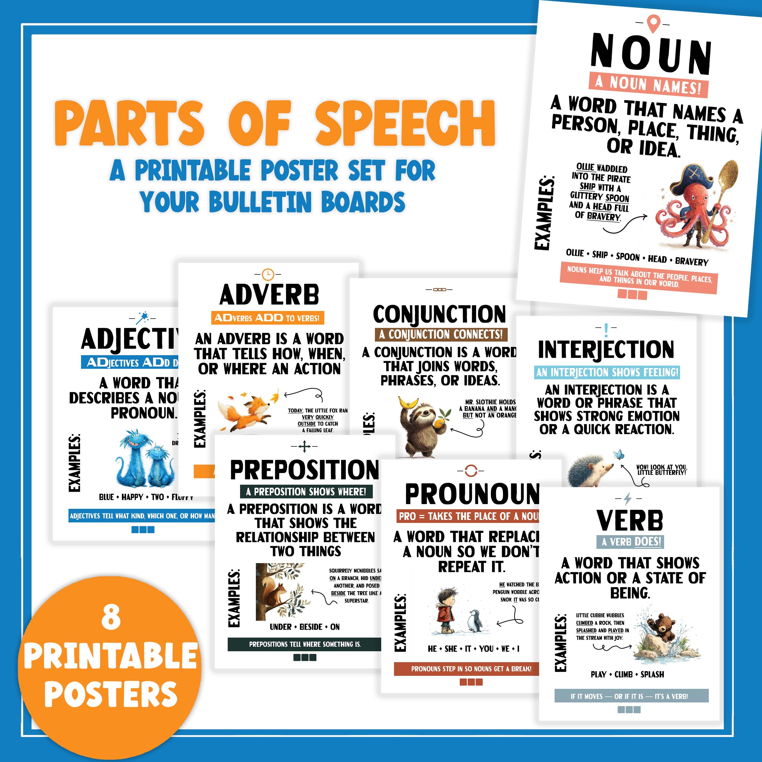 Parts of Speech Bulletin Board Posters | Grammar Classroom Decor | ELA ...