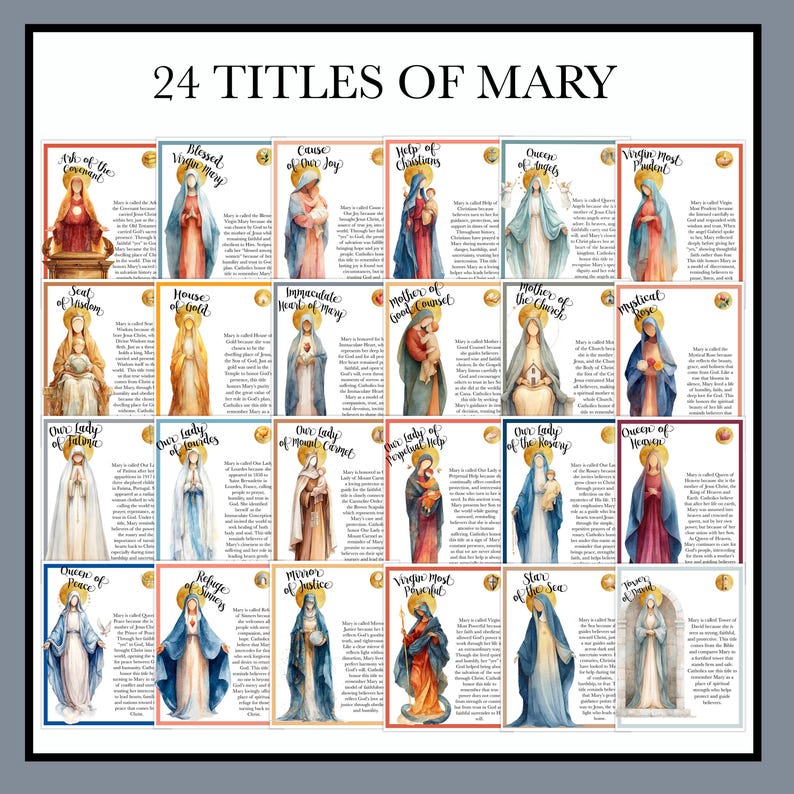 Titles of Mary Bulletin Board Poster Set | Catholic Marian Posters With ...