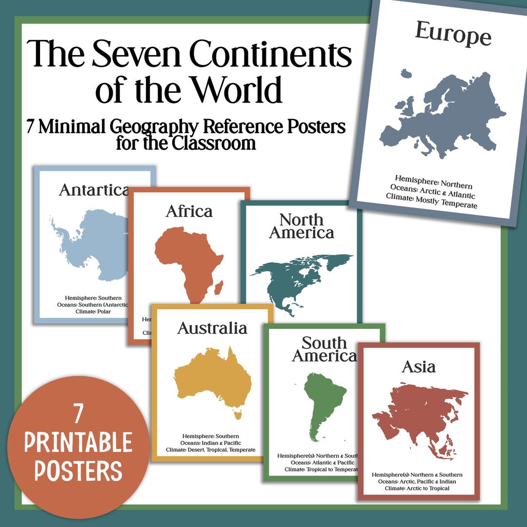 Seven Continents Posters | Minimal Geography Bulletin Board Poster Set ...