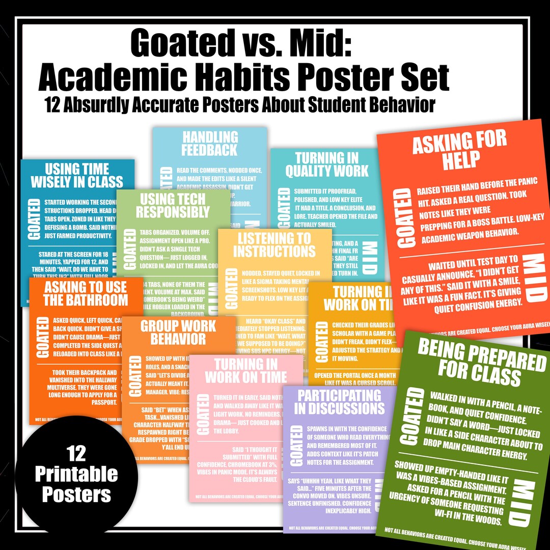 Goated Vs. Mid Classroom Behavior Posters | Funny Gen Alpha Classroom ...