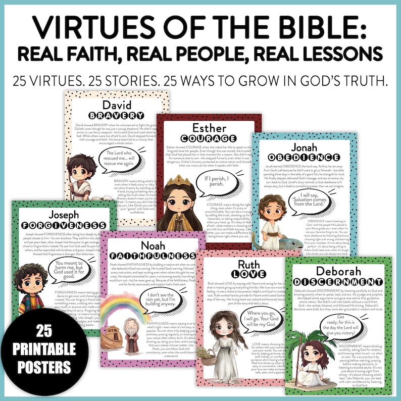 Virtues of the Bible Posters | 25 Bible Character Bulletin Board Poster ...