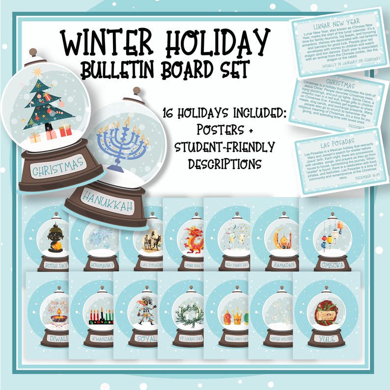World Winter Holidays Snow Globe Bulletin Board | 16 Holidays Around ...